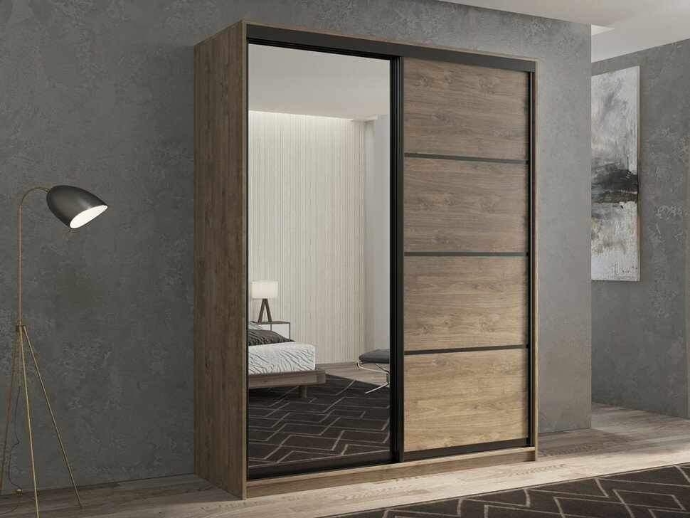 Шкаф купе для одежды Ронни 2, МФ-Купе, с зеркалом, 120х60х240, платье/белье, цвет ясень шимо темный