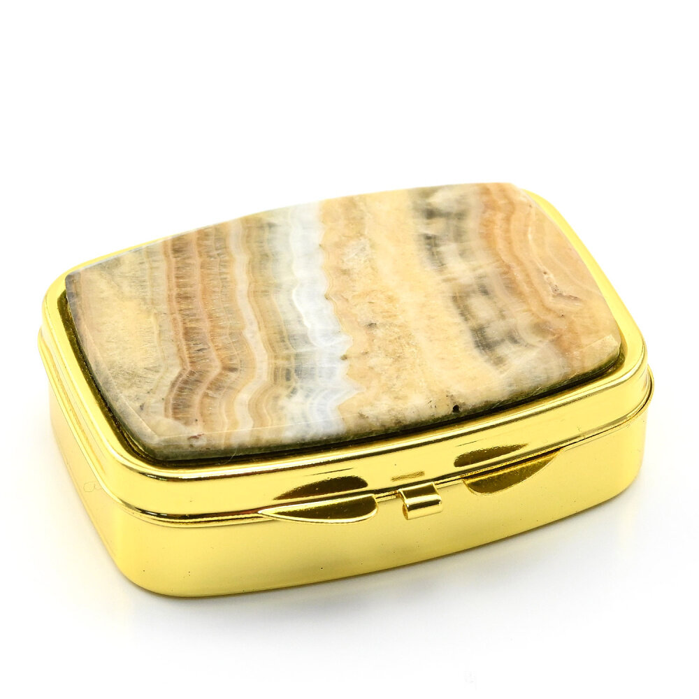 Бокс для таблеток на 2 отсека с накладкой из оникса, золотистая .