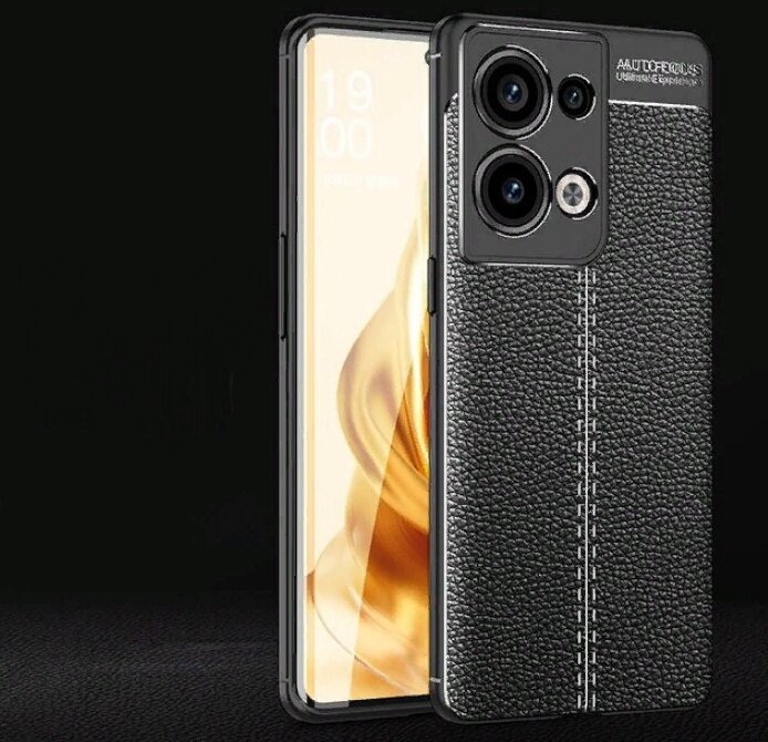 Чехол OPPO Reno9 Pro + Plus из силикона с декоративным дизайном под кожу с тиснением черный
