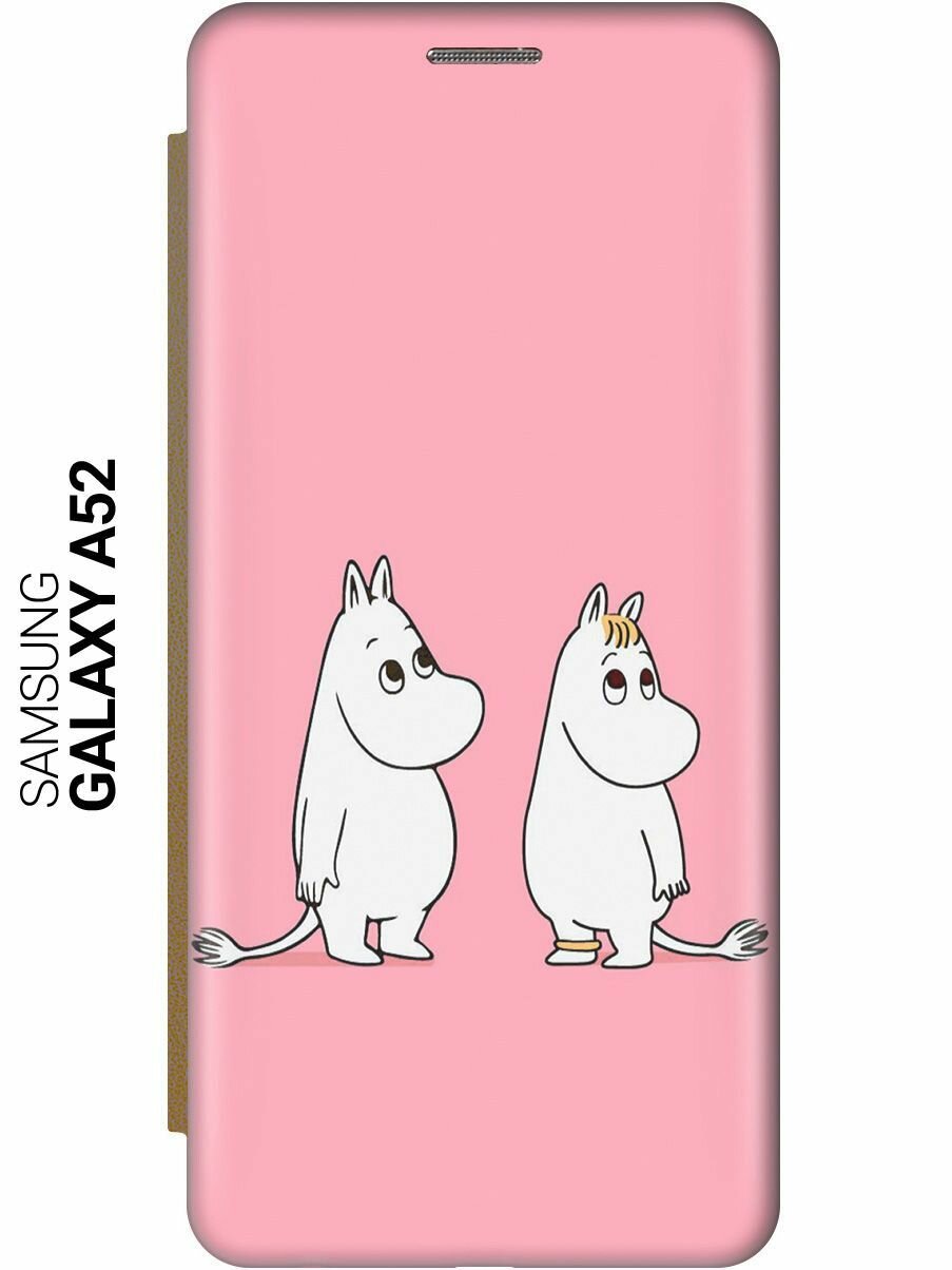 Чехол-книжка на Samsung Galaxy A52, Самсунг А52 c принтом "Муми-тролли на розовом" золотистый