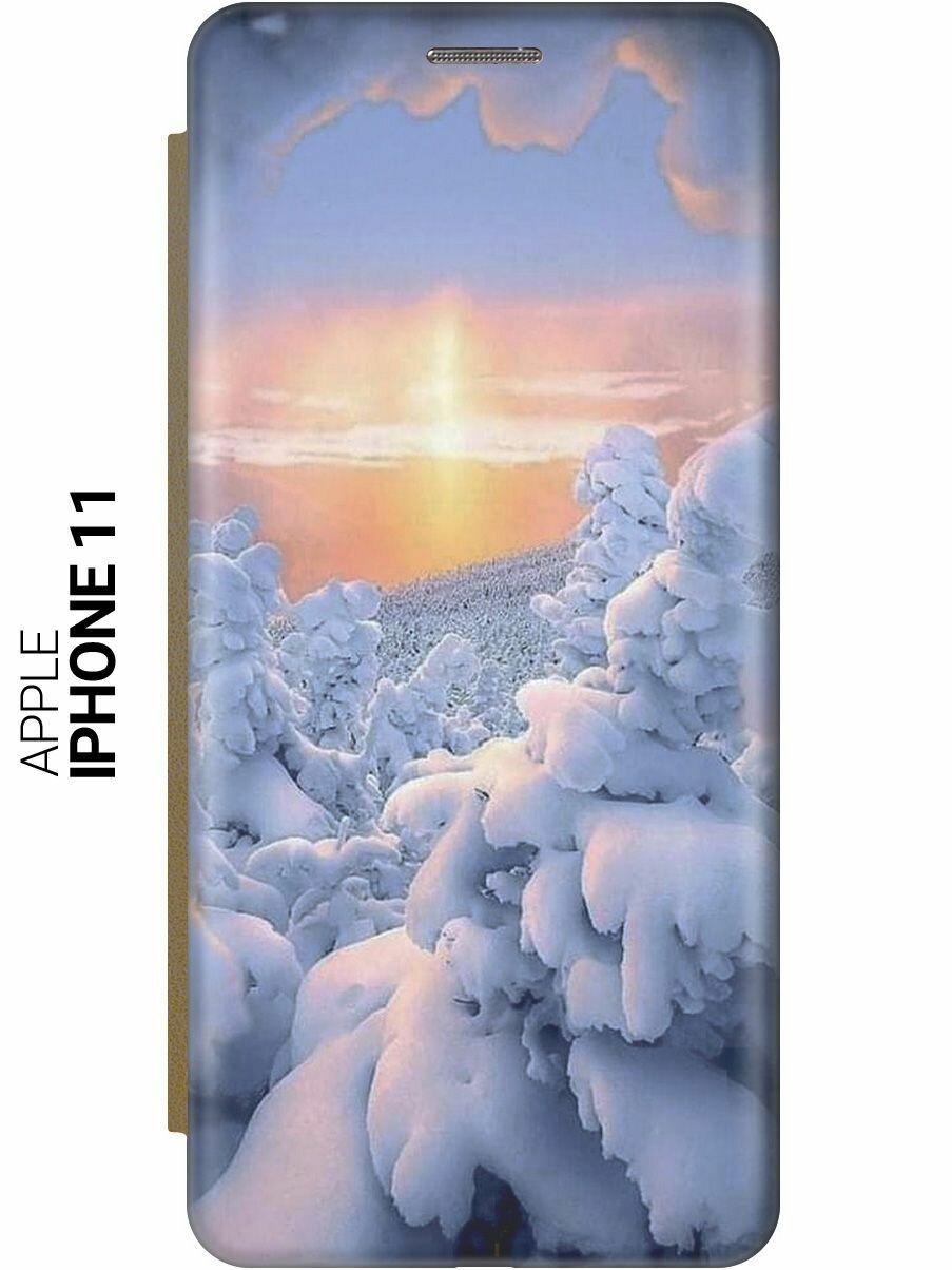 Чехол-книжка на Apple iPhone 11 / Эпл Айфон 11 с рисунком "Заснеженный лес" золотистый