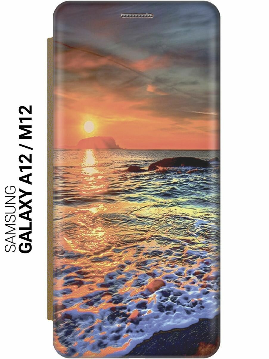 Чехол-книжка на Samsung Galaxy A12, M12, Самсунг А12, М12 c принтом "Закат на море" золотистый