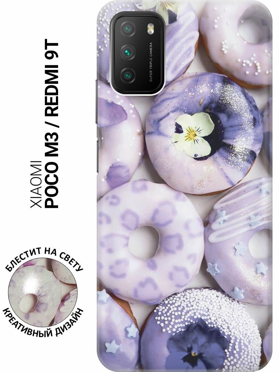 Силиконовый чехол на Xiaomi Redmi 9T, Poco M3, Сяоми Поко М3, Сяоми Редми 9Т с эффектом блеска "Лавандовые пончики"