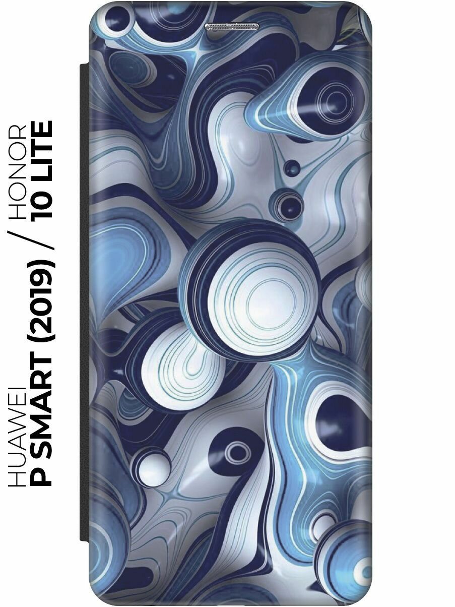 Чехол-книжка Бело-синие капли на Honor 10 Lite / Huawei P Smart (2019) / Хуавей П Смарт (2019) / Хонор 10 Лайт черный