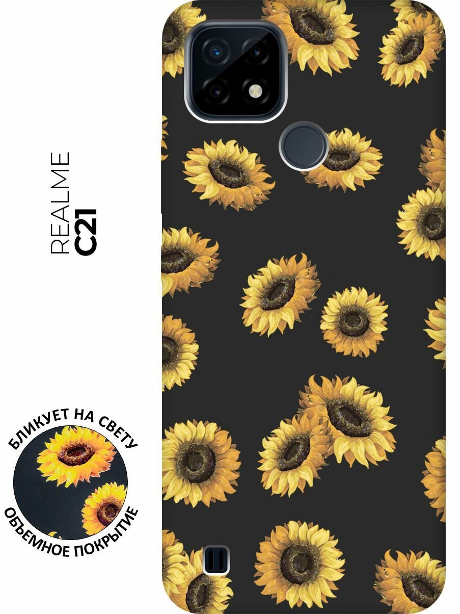 Матовый чехол Sunflowers для realme C21 / Рилми С21 с 3D эффектом черный