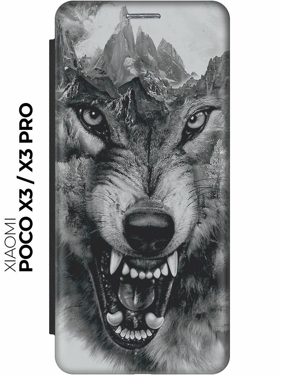 Чехол-книжка Волк в горах на Xiaomi Poco X3 / X3 Pro / Сяоми Поко Х3 / Х3 Про черный