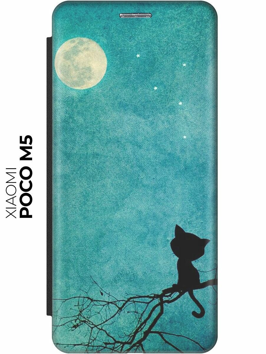 Чехол-книжка Котенок и луна на Xiaomi Poco M5 / Сяоми Поко М5 черный