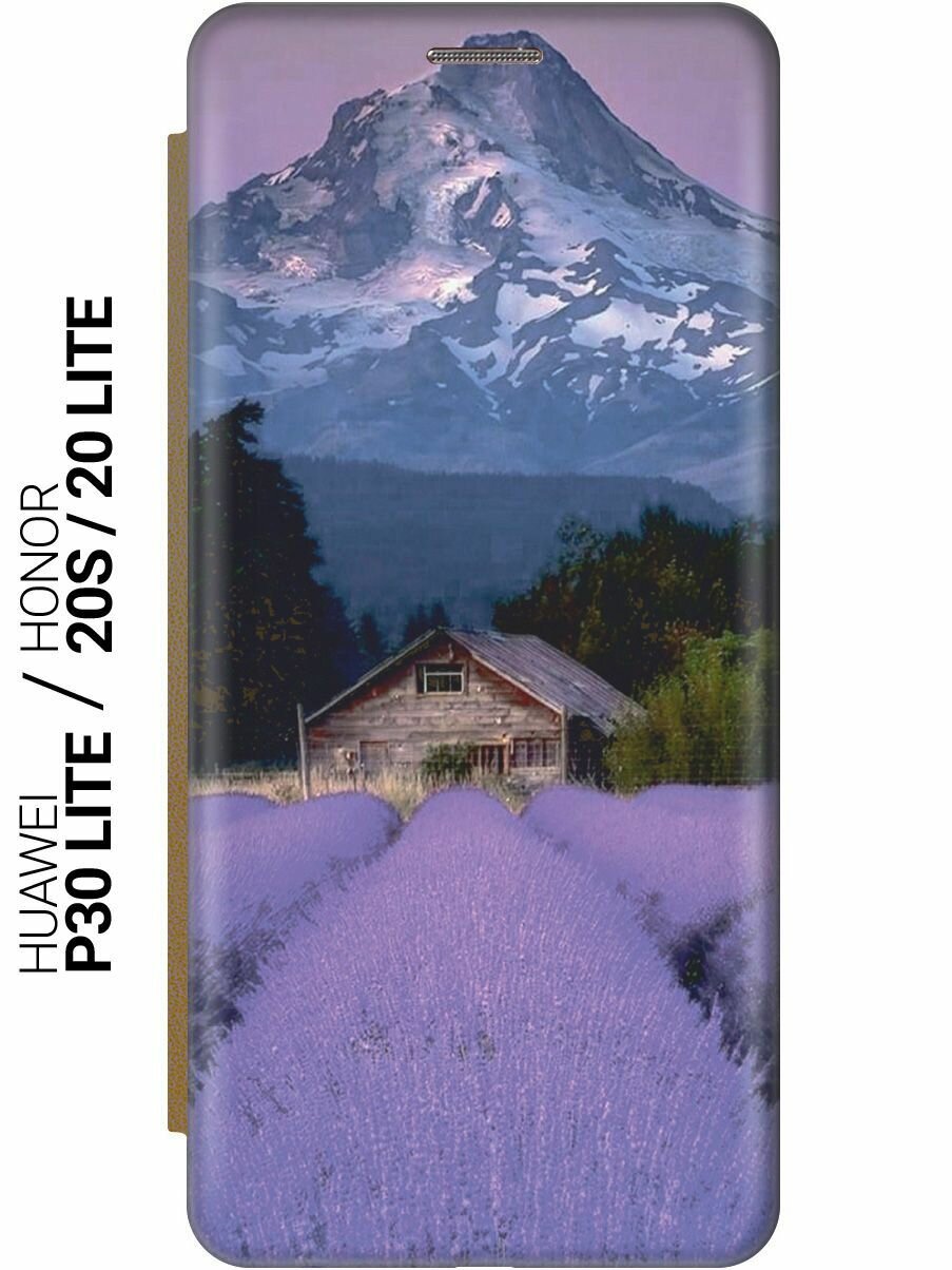 Чехол-книжка на Honor 20 Lite, 20s, Huawei P30 Lite, Хуавей П30 Лайт, Хонор 20 Лайт, 20s c принтом "Лавандовое поле в горах" золотистый