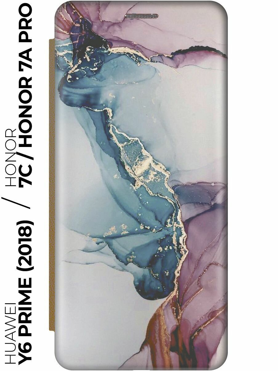 Чехол-книжка Сине-розовый мрамор на Honor 7C / 7A Pro / Huawei Y6 Prime (2018) / Хуавей У6 Прайм 2018 / Хонор 7А Про / 7С золотой