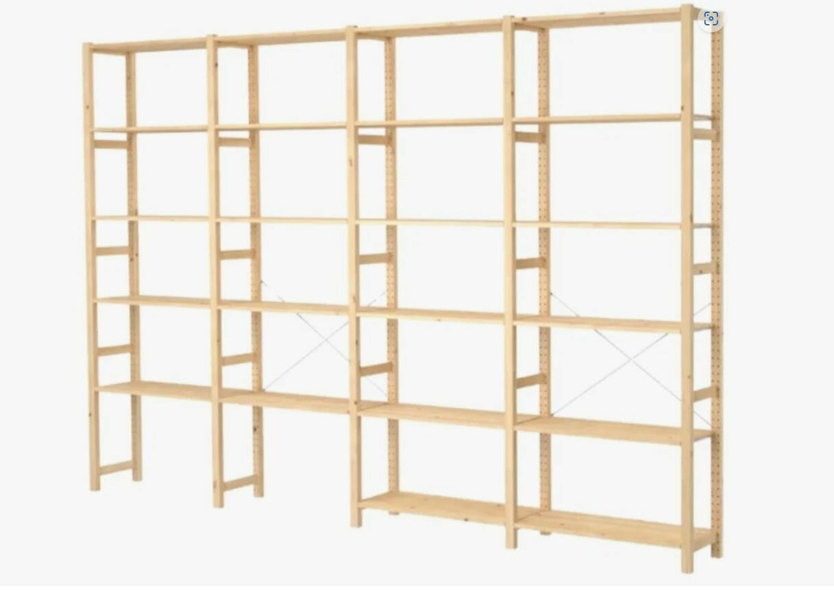 Стеллаж деревянный четырехсекционный IKEA IVAR (высота 226 см, ширина 344 см, глубина 50 см)