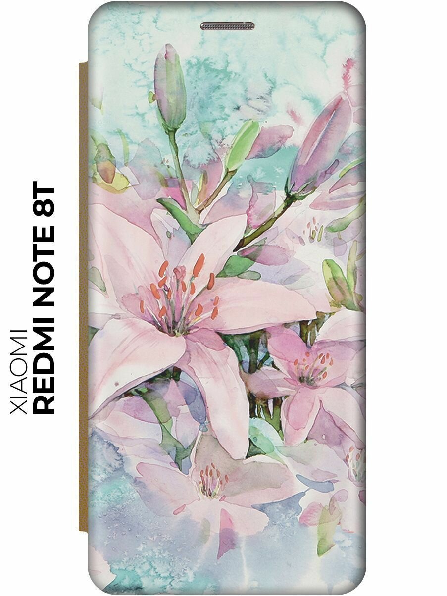 Чехол-книжка Нежные розовые цветы на Xiaomi Redmi Note 8T / Сяоми Редми Ноут 8Т золотой