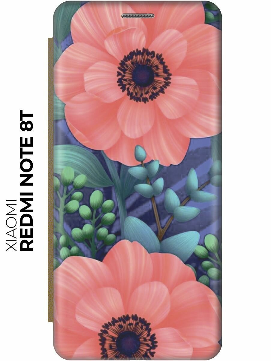 Чехол-книжка Розовые маки на Xiaomi Redmi Note 8T / Сяоми Редми Ноут 8Т золотой