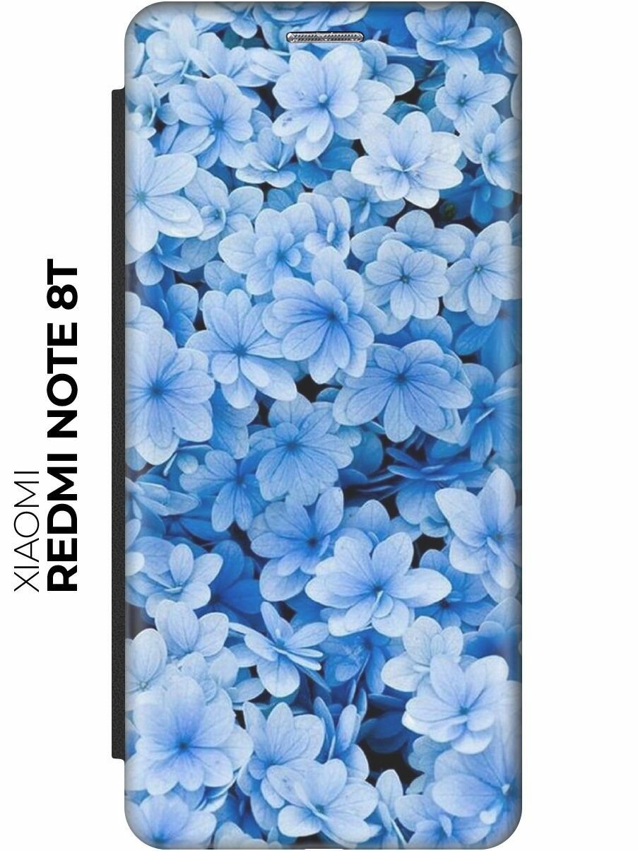 Чехол-книжка Голубые цветочки на Xiaomi Redmi Note 8T / Сяоми Редми Ноут 8Т черный