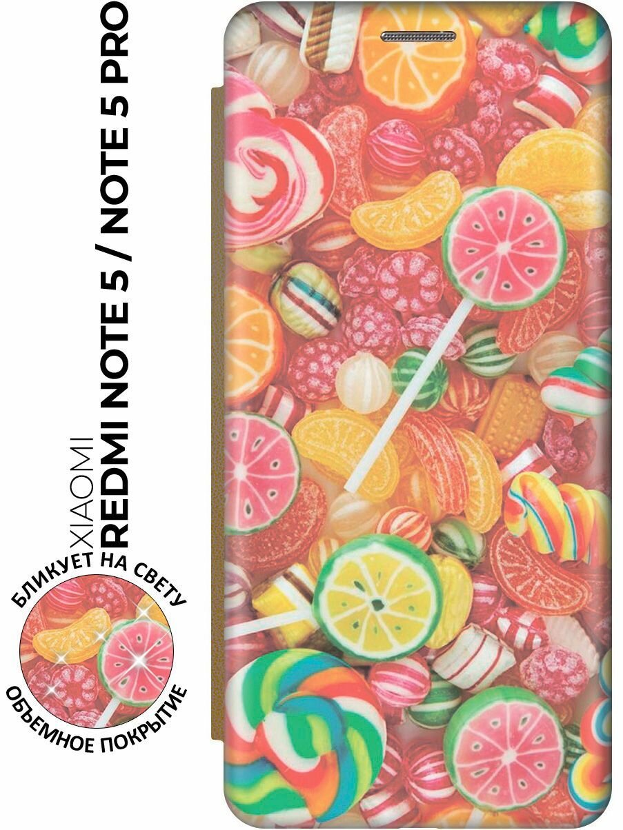 Чехол-книжка Мармеладки, леденцы на Xiaomi Redmi Note 5 / Note 5 Pro / Сяоми Редми Ноут 5 / Ноут 5 Про с эффектом блика золотой