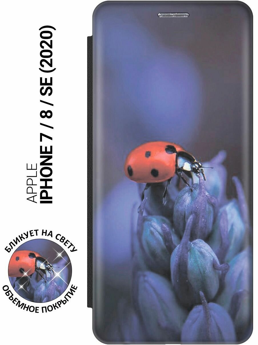 Чехол-книжка на Apple iPhone SE (2022) / SE (2020) / 8 / 7 / Эпл Айфон СЕ 2022 / СЕ 2020 / 8 / 7 с рисунком "Божья коровка на цветке" черный