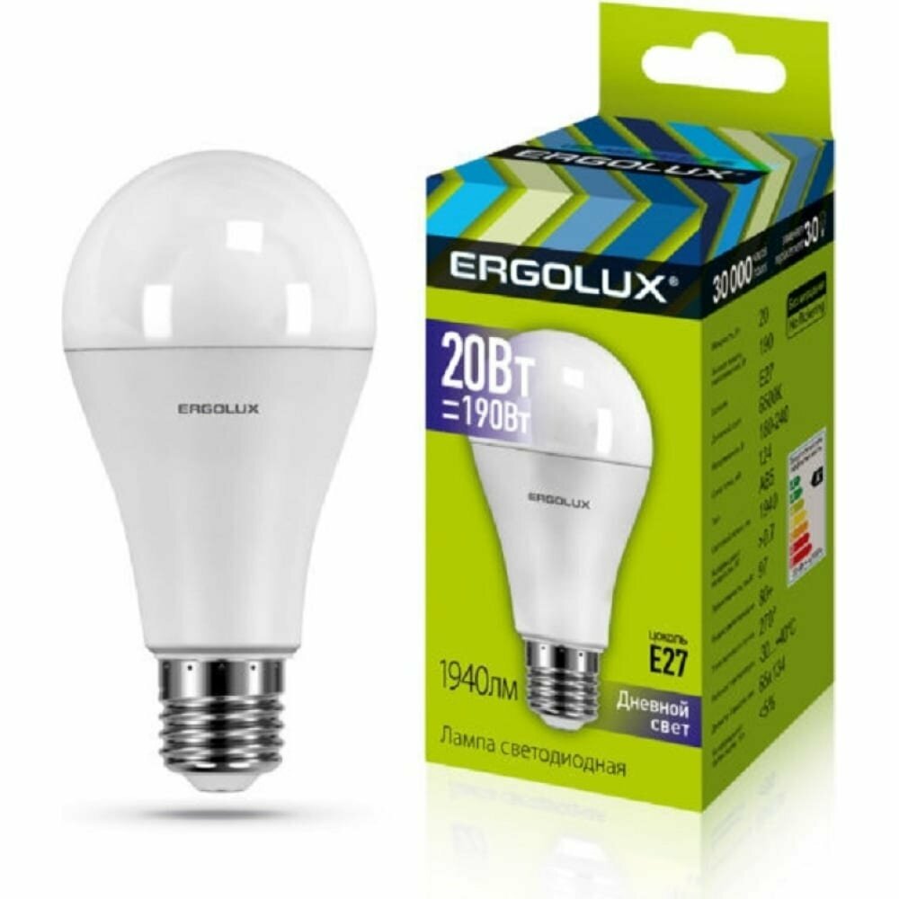 Электрическая светодиодная лампа Ergolux LED-A65-20W-E27-6K ЛОН 20Вт E27 6500K 172-265В 13184