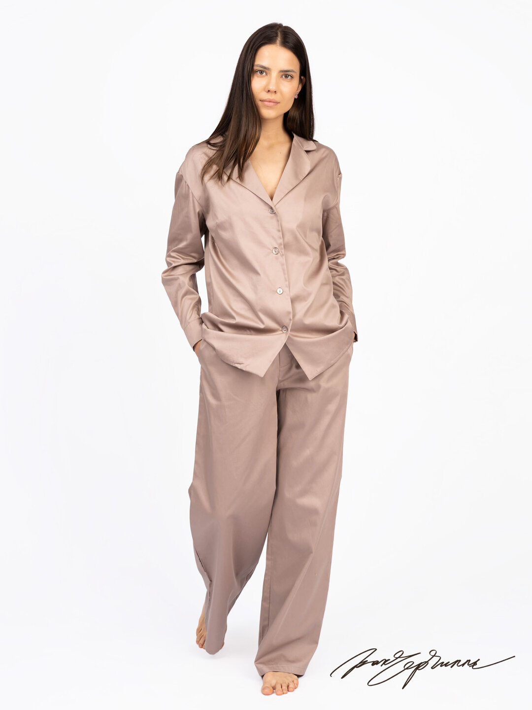 Женский костюм "какЧерчилль", пижамный стиль, кофейный, 100% египетский хлопок, 46-48, рост 160