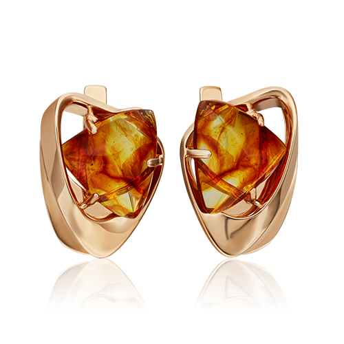 Серьги, красное золото, 585 проба, янтарь