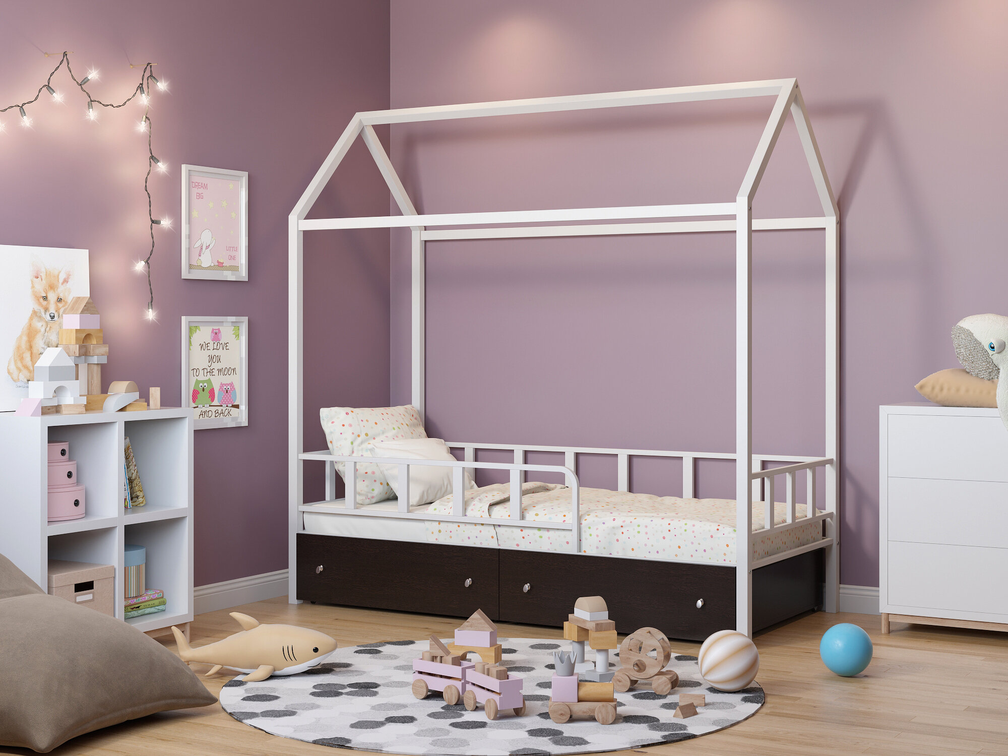 Кровать-домик Риччи Белый ящики венге