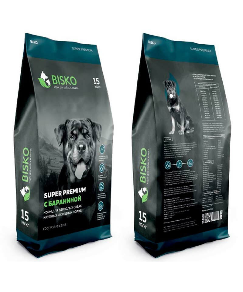 Сухой корм Биско Bisko для взрослых собак крупных и средних пород с бараниной СУПЕР ПРЕМИУМ (металлизированный пакет) 15 кг