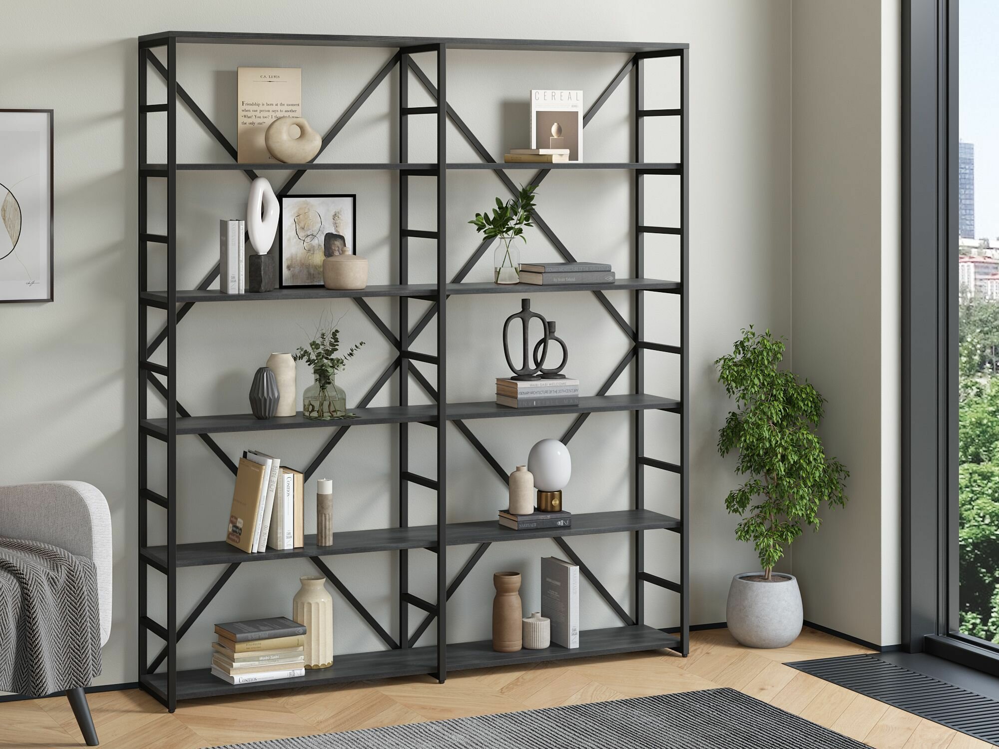 Стеллаж Айсберг Лофт 160/6-2 / Черный/ с полками северное дерево темное/ Для дачи/ для дома/ для книг/ в офис