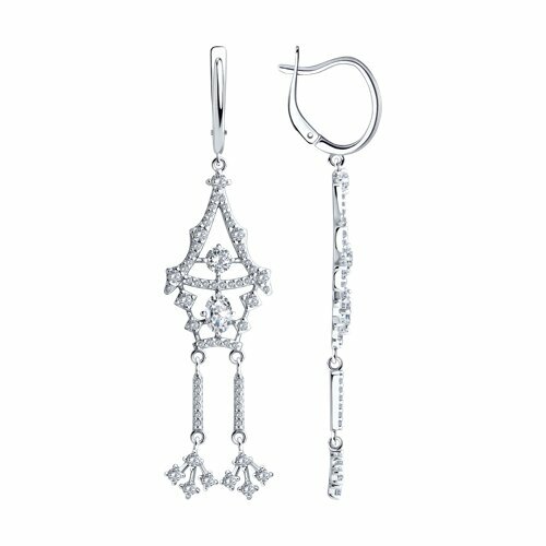 Серьги с подвесками, серебро, 925 проба, родирование, фианит
