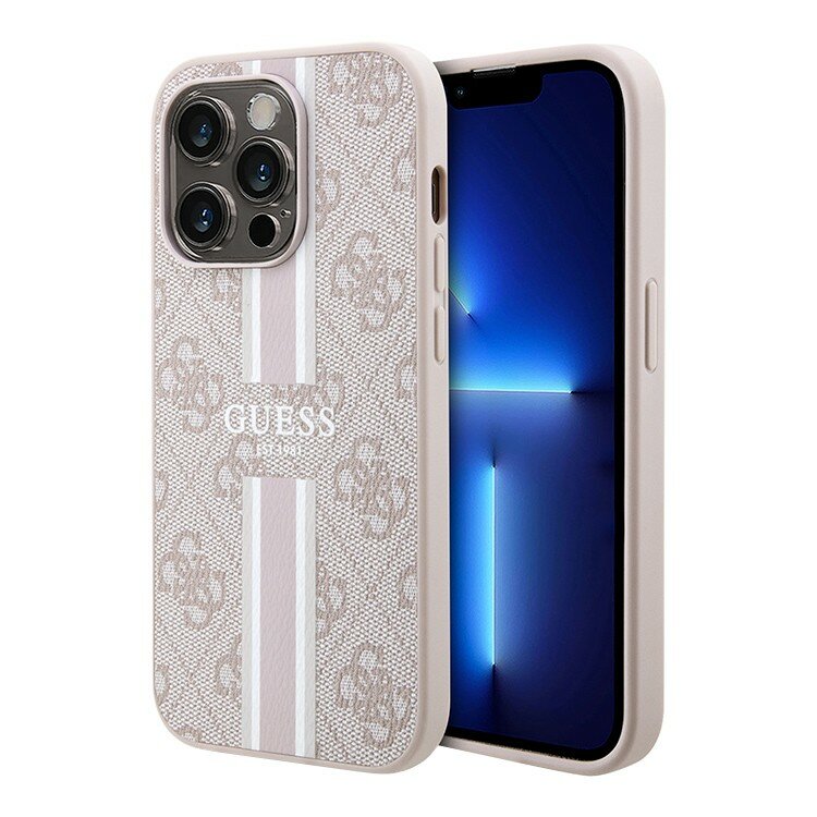 Guess чехол для iPhone 14 Pro Max, PU кожа 4G Stripes розовый (MagSafe)