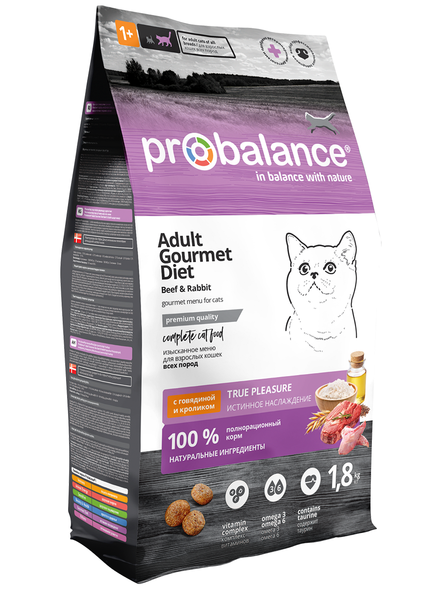 Сухой корм ProBalance "Gourmet Diet", для взрослых кошек, говядина, кролик, 1,8 кг
