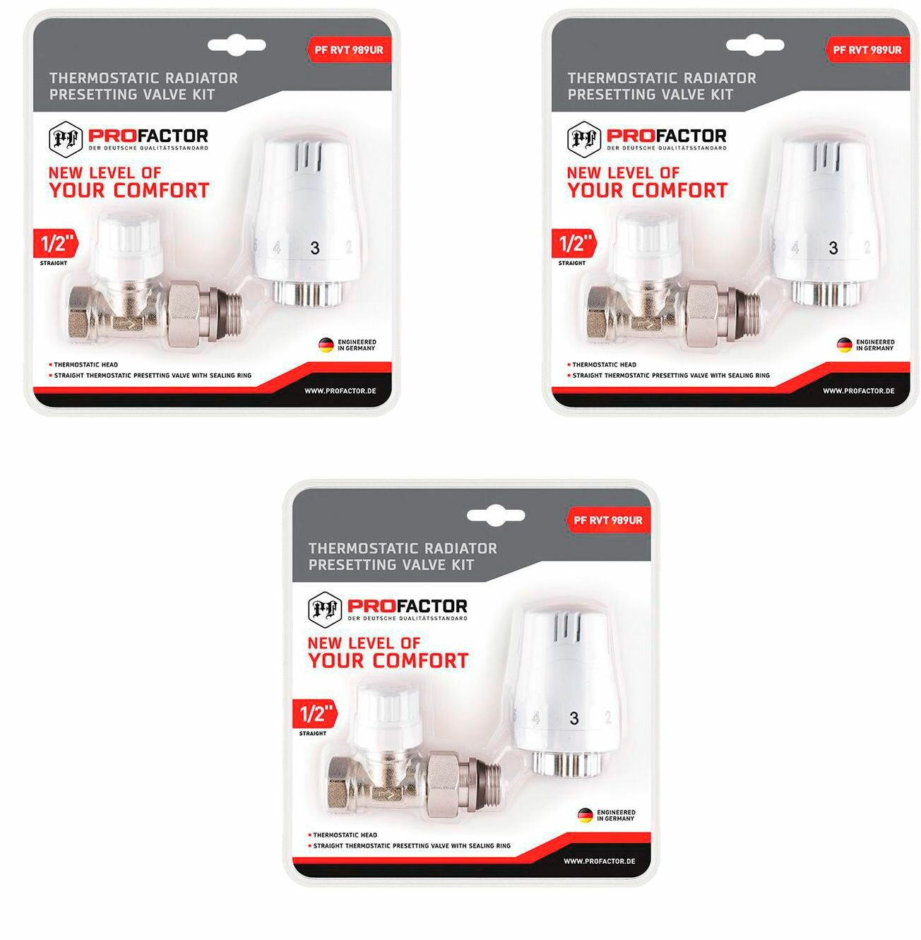Комплект термостатический для радиатора, 1/2", прямой, ProFactor, PF RVT 989UR (комплект 3 штуки)