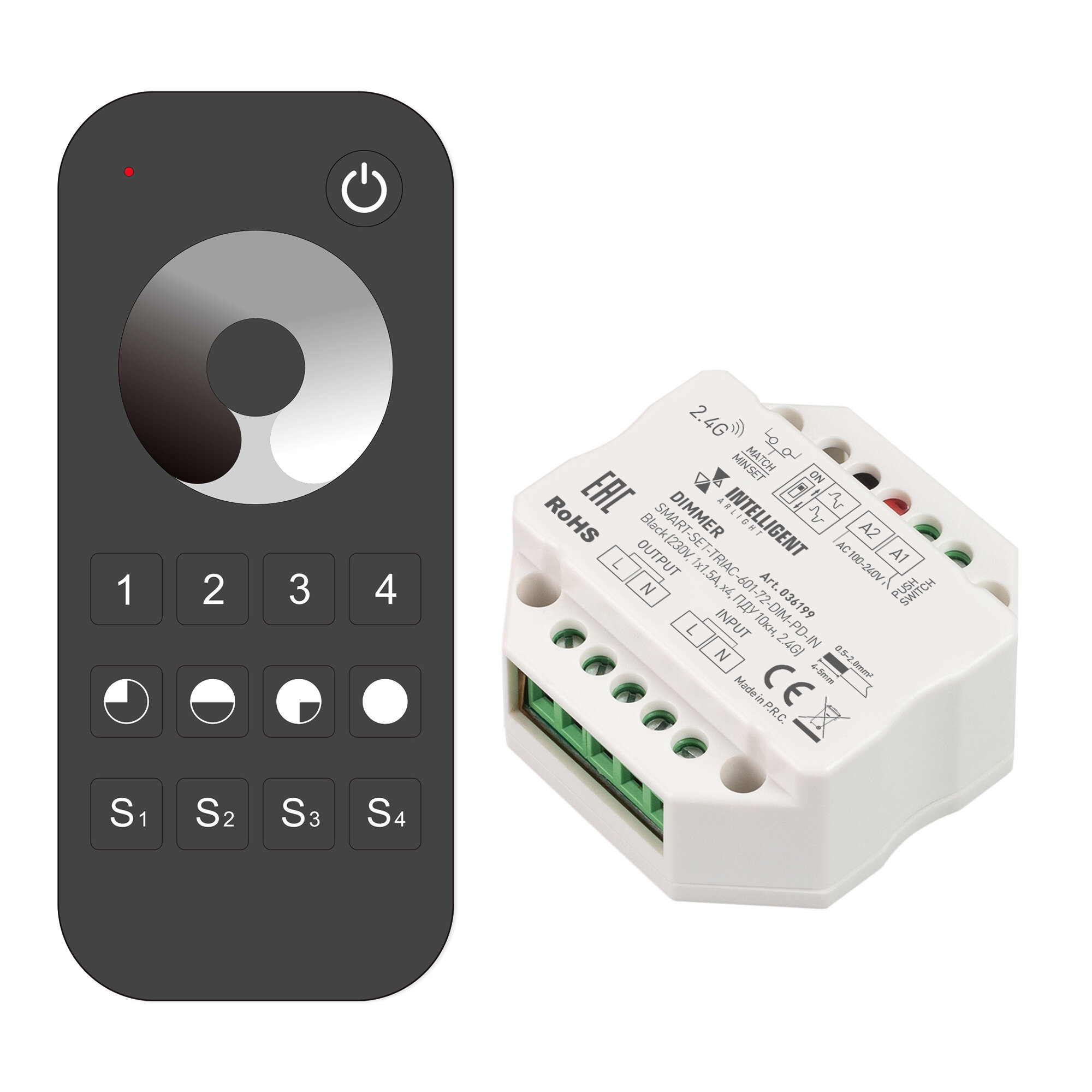 Диммер Arlight INTELLIGENT ARLIGHT Диммер SMART-SET-TRIAC-601-72-DIM-PD-IN Black (230V, 1x1.5A, x4, ПДУ 10кн, 2.4G) (IARL, IP20 Пластик, 5 лет)