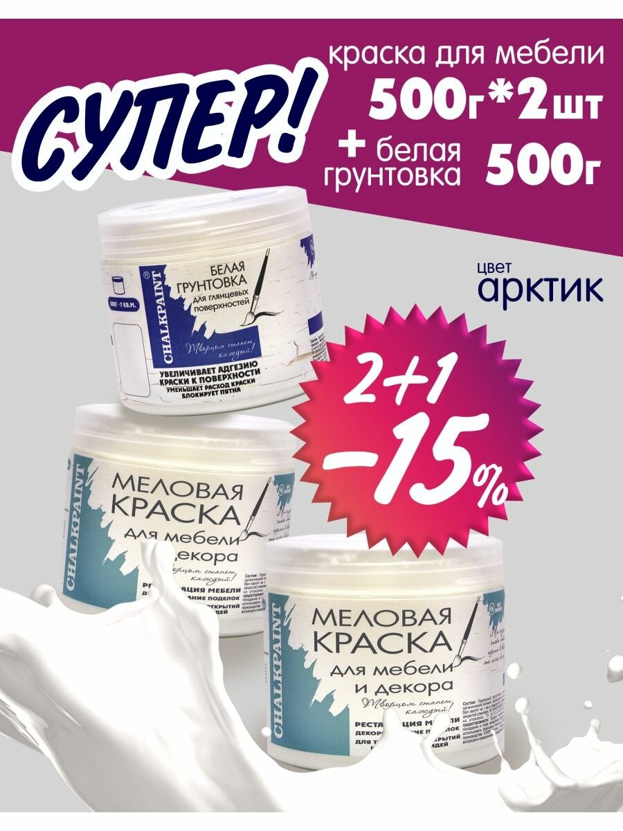 Краска Chalky Paint меловая для мебели 2х500 г, арктик + грунт 500 г