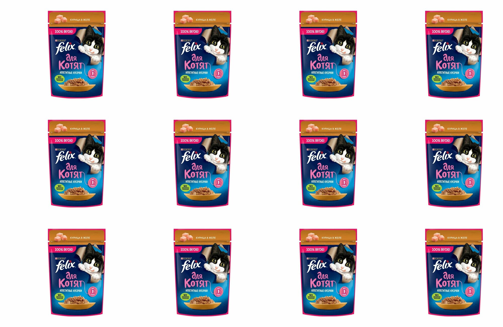 Felix влажный корм для котят аппетитные кусочки с курицей, 75 г, 12 шт