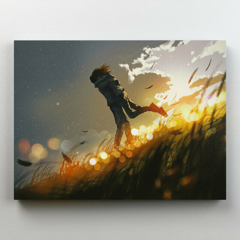 Интерьерная картина на холсте "Аниме - пара обнимается на поле" размер 30x22 см