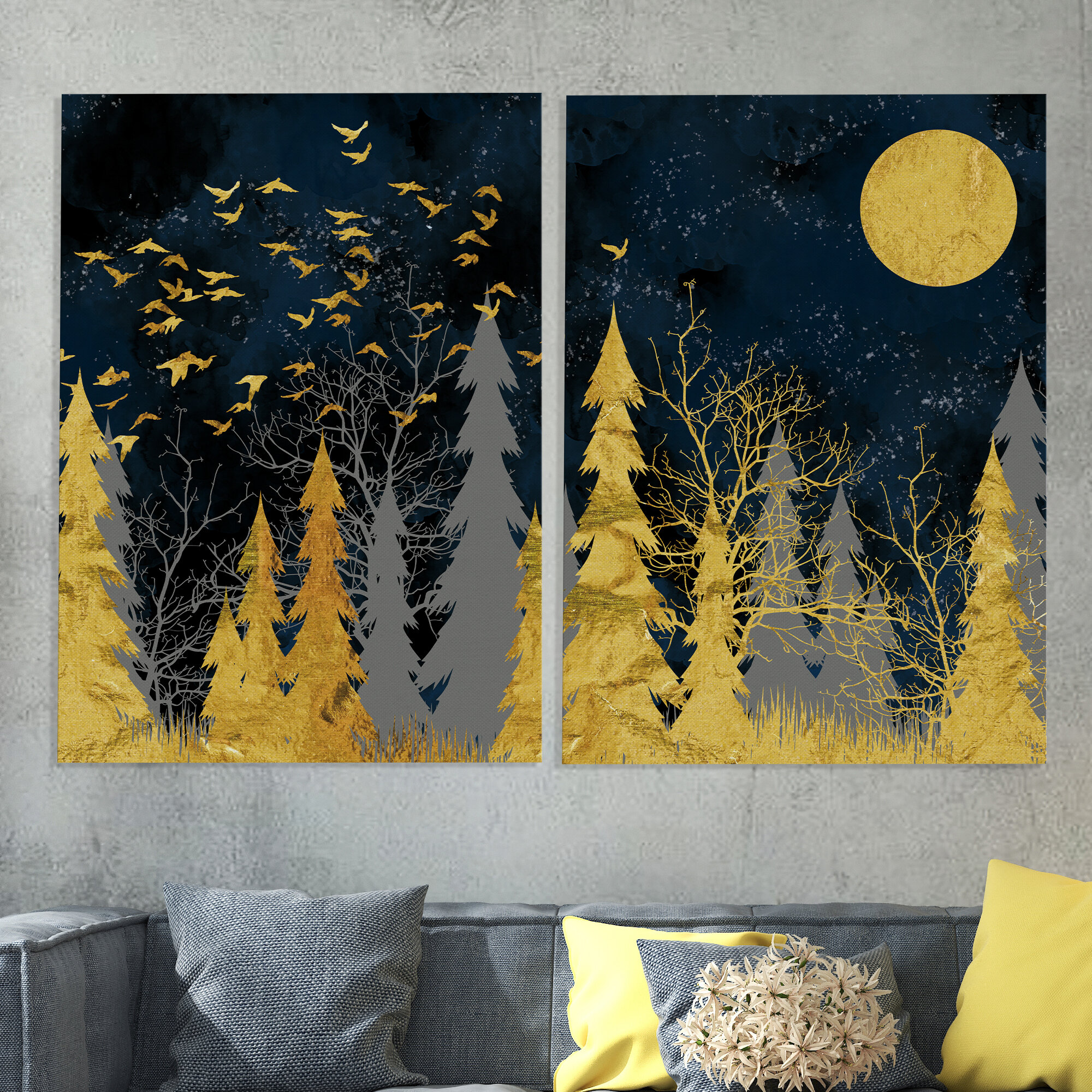 Модульная картина для интерьера "Лунный лес", большая, на стену, в наборе 2 вертикальные картины, размер каждой 50х80 см, общий размер 100х80 см.