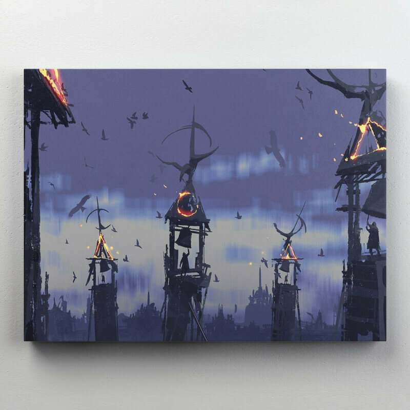Интерьерная картина на холсте "Горящие башни с колоколами" размер 40x30 см