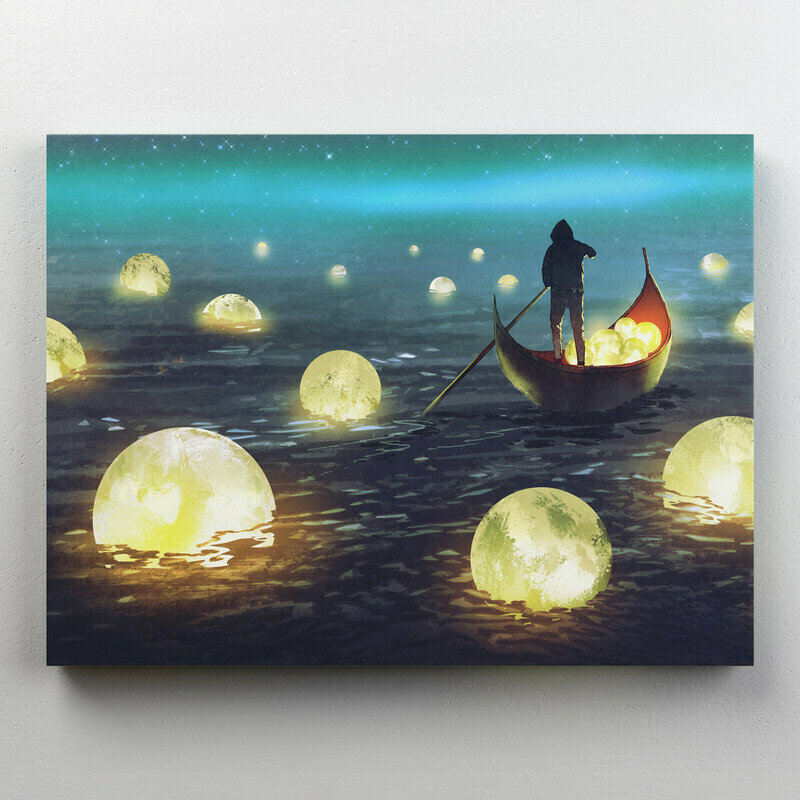 Интерьерная картина на холсте "Мужчина плывет по озеру со светящимися лунами" размер 30x22 см