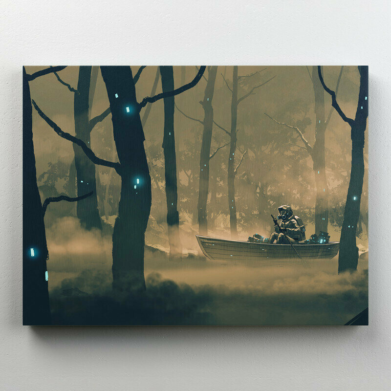 Интерьерная картина на холсте "Военный сталкер в лодке на туманной реке" размер 60x45 см