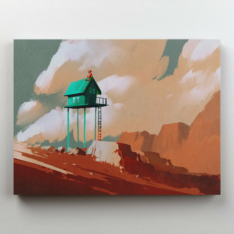 Интерьерная картина на холсте "Абстрактная живопись - одинокий домик в каньоне" размер 30x22 см