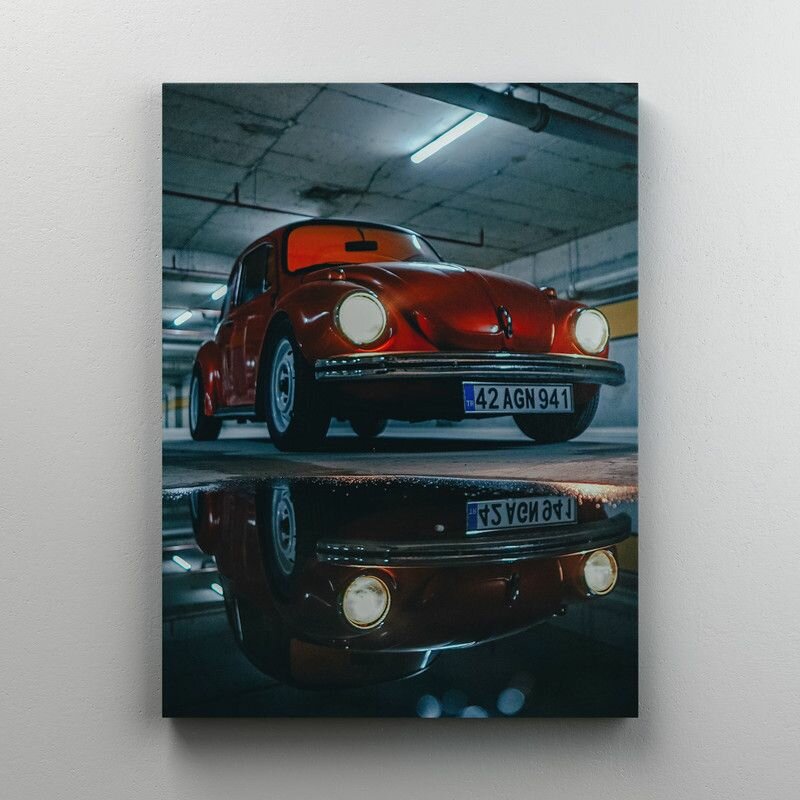 Интерьерная картина на холсте "Немецкий ретро автомобиль Volkswagen жук - Отражение в луже" размер 22x30 см