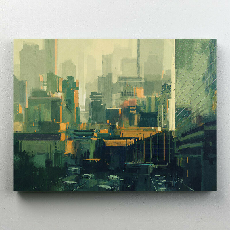 Интерьерная картина на холсте "Масляная живопись архитектура в зеленом цвете" размер 30x22 см