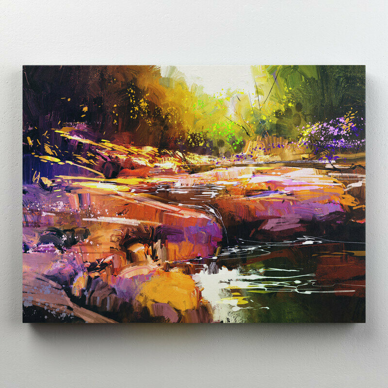 Интерьерная картина на холсте "Каменистый берег реки в зеленом лесу" размер 30x22 см