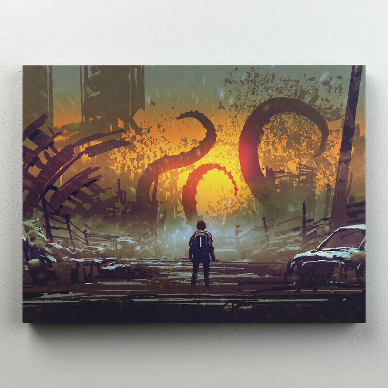 Интерьерная картина на холсте "Мальчик наблюдает как огромный монстр с щупальцами разрушает горд" размер 30x22 см