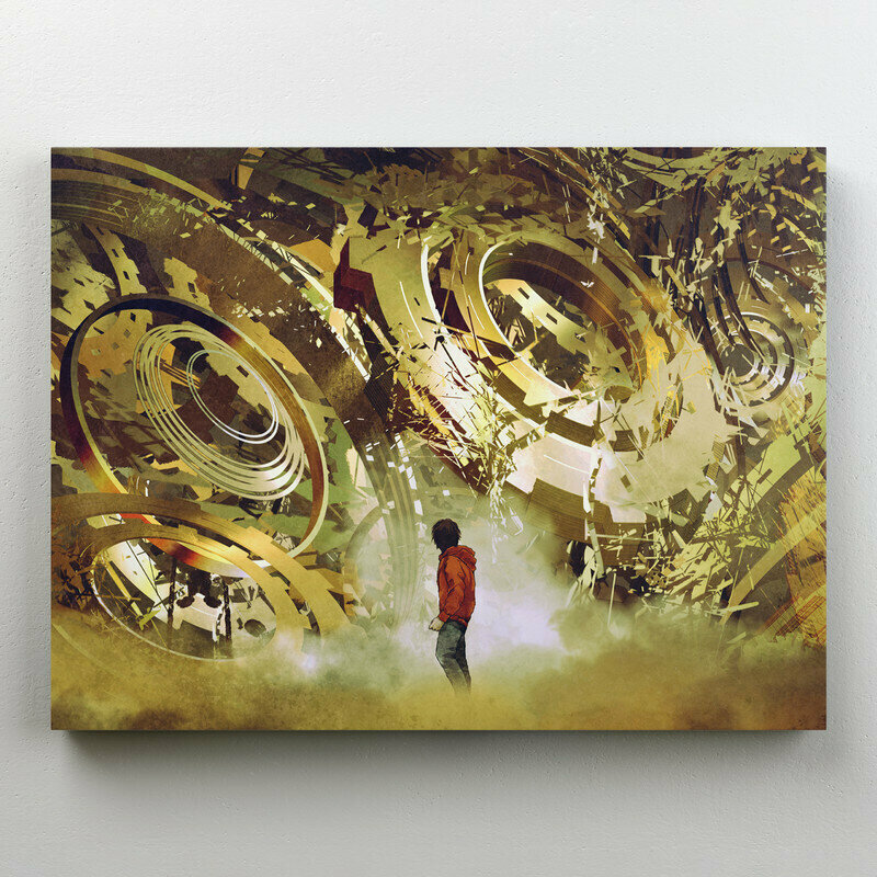 Интерьерная картина на холсте "Золотые механизмы и мальчик в красной куртке" размер 30x22 см