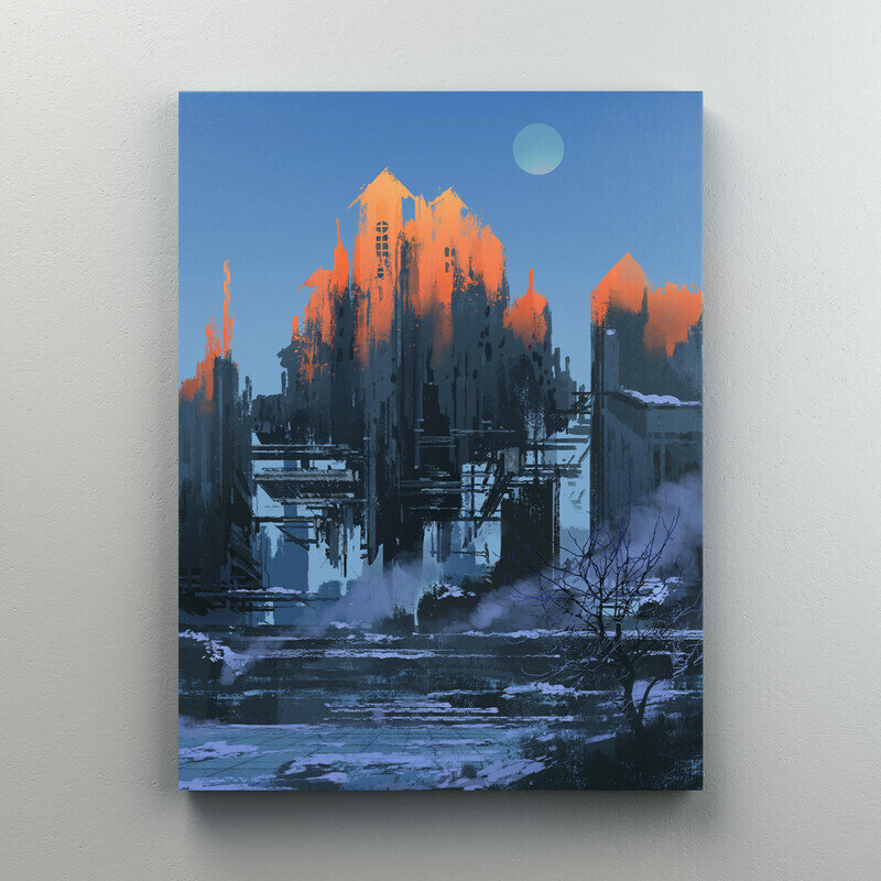 Интерьерная картина на холсте "Пейзаж заброшенного здания на закате" размер 30x40 см
