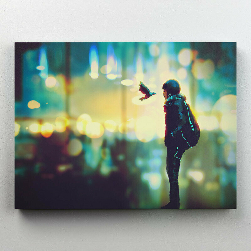 Интерьерная картина на холсте "Арт - девушка и колибри" размер 30x22 см