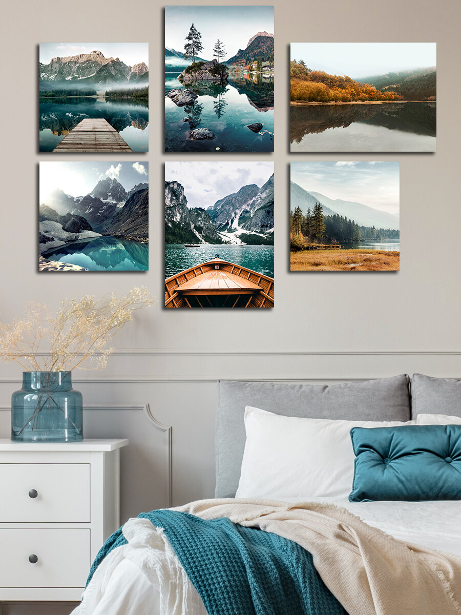 Картины на холсте с подрамником LOFTime лодка ЛЕС И горные пейзажи 6 шт К-460-3040