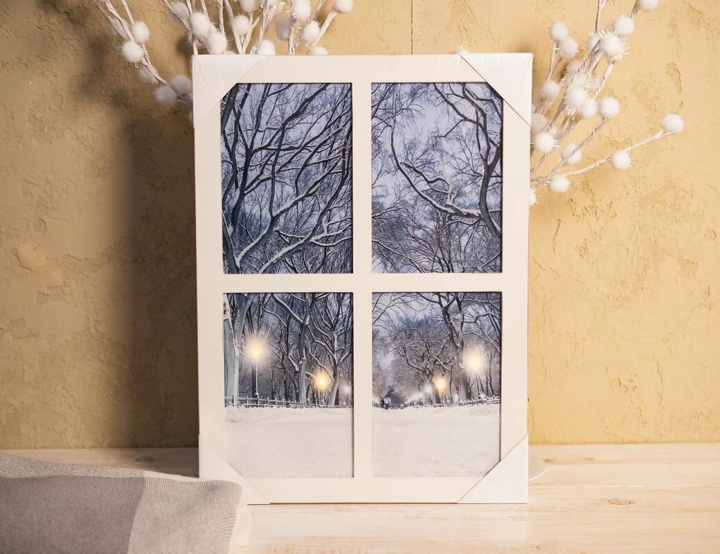 Светящееся панно окошко С видом на парк - утро, дерево, 6 холодных белых LED-огней, 2.5x37x50 см, батарейки, Kaemingk 483100-2