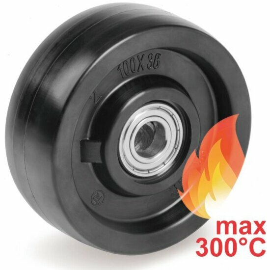 Колесо термостойкое Tellure Rota 672502 под ось, диаметр 100мм, грузоподъемность 200кг, фенольная смола до 300С, шариковые подшипники под ось 15 мм в