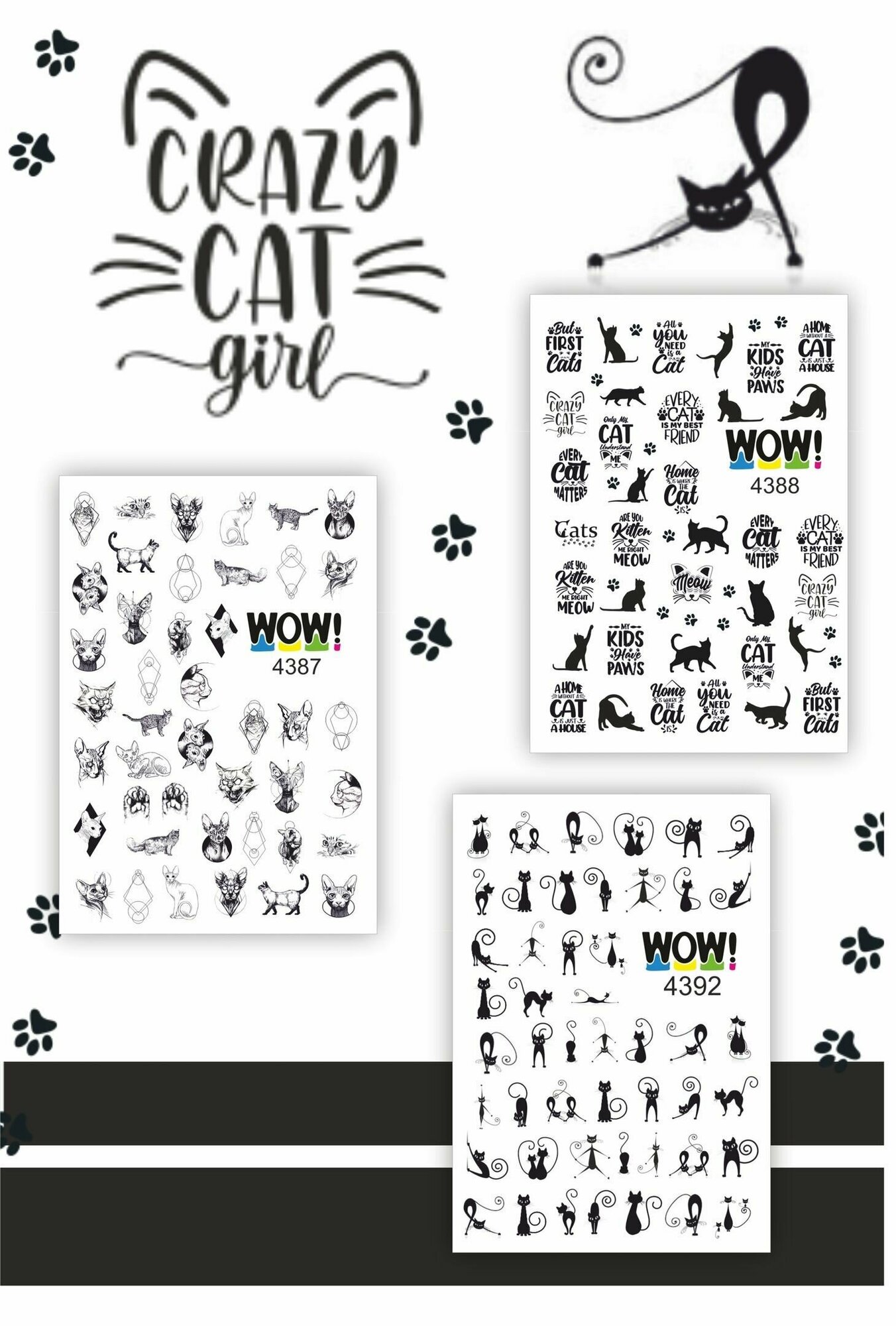 Набор слайдеров для дизайна ногтей на водной основе. Котики