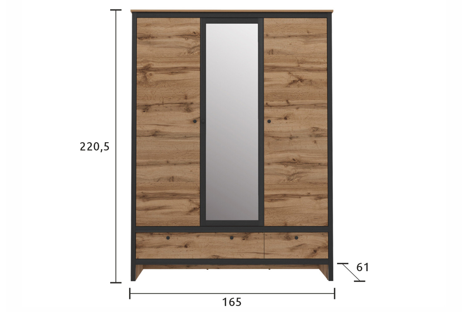 Шкаф Hoff Loft, для одежды, 165,4х220,1х60,9 см, напольный, ЛДСП/зеркало, цвет дуб Вотан, чёрный — фото 1